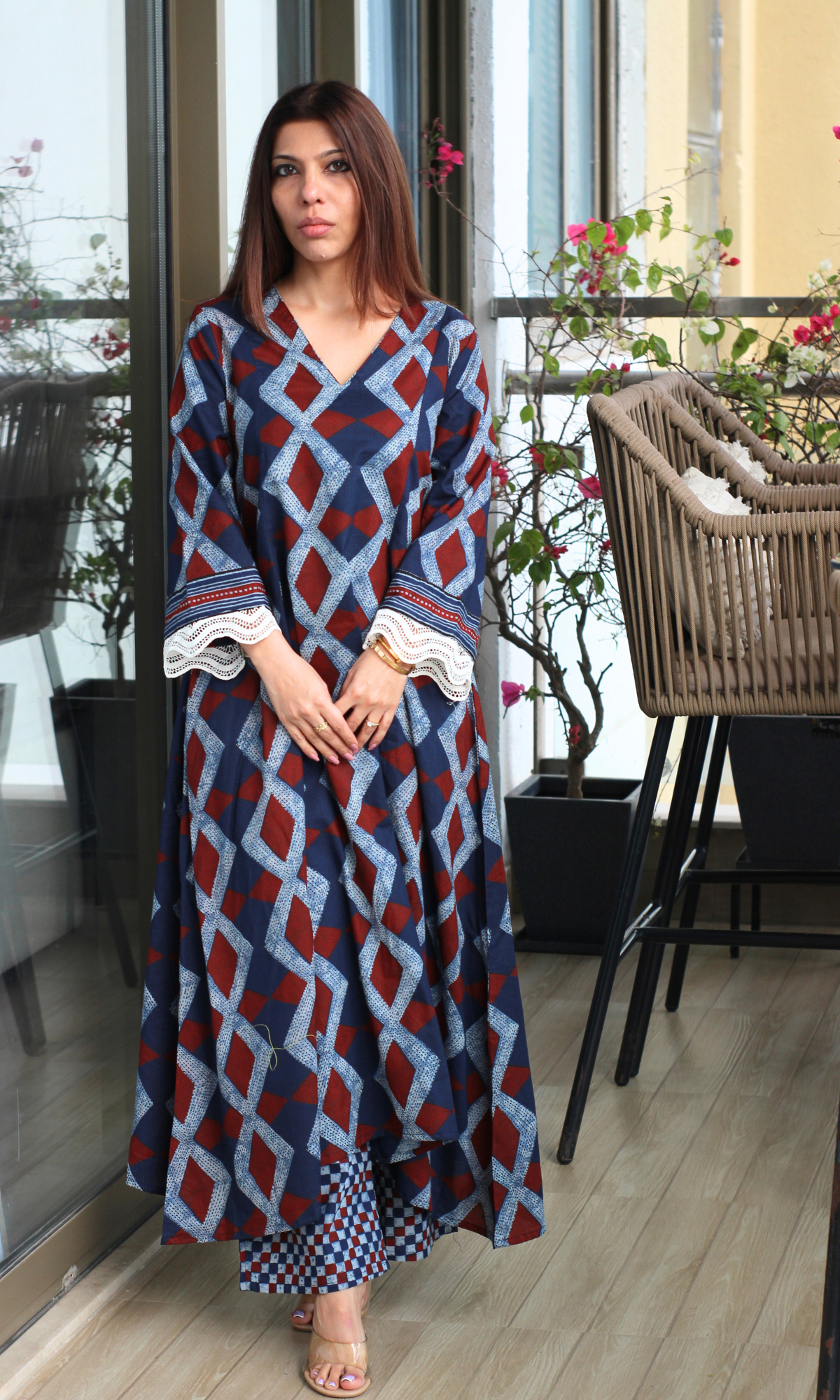 Indigo & Maroon Diamond Print High Low Kurta & Pant Co-ord – Baareeki