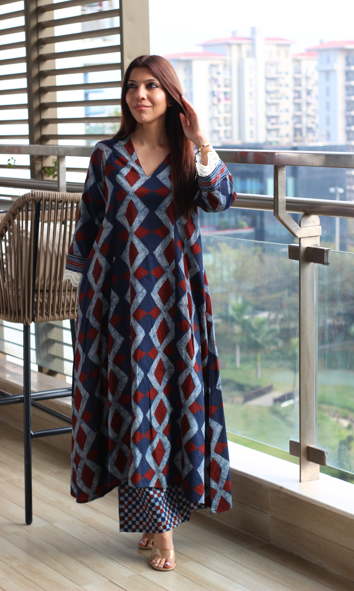 Indigo & Maroon Diamond Print High Low Kurta & Pant Co-ord – Baareeki
