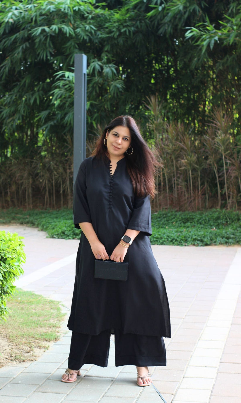 Cold Black Collared Buttoned Kurta with Pallazo Pants – Baareeki