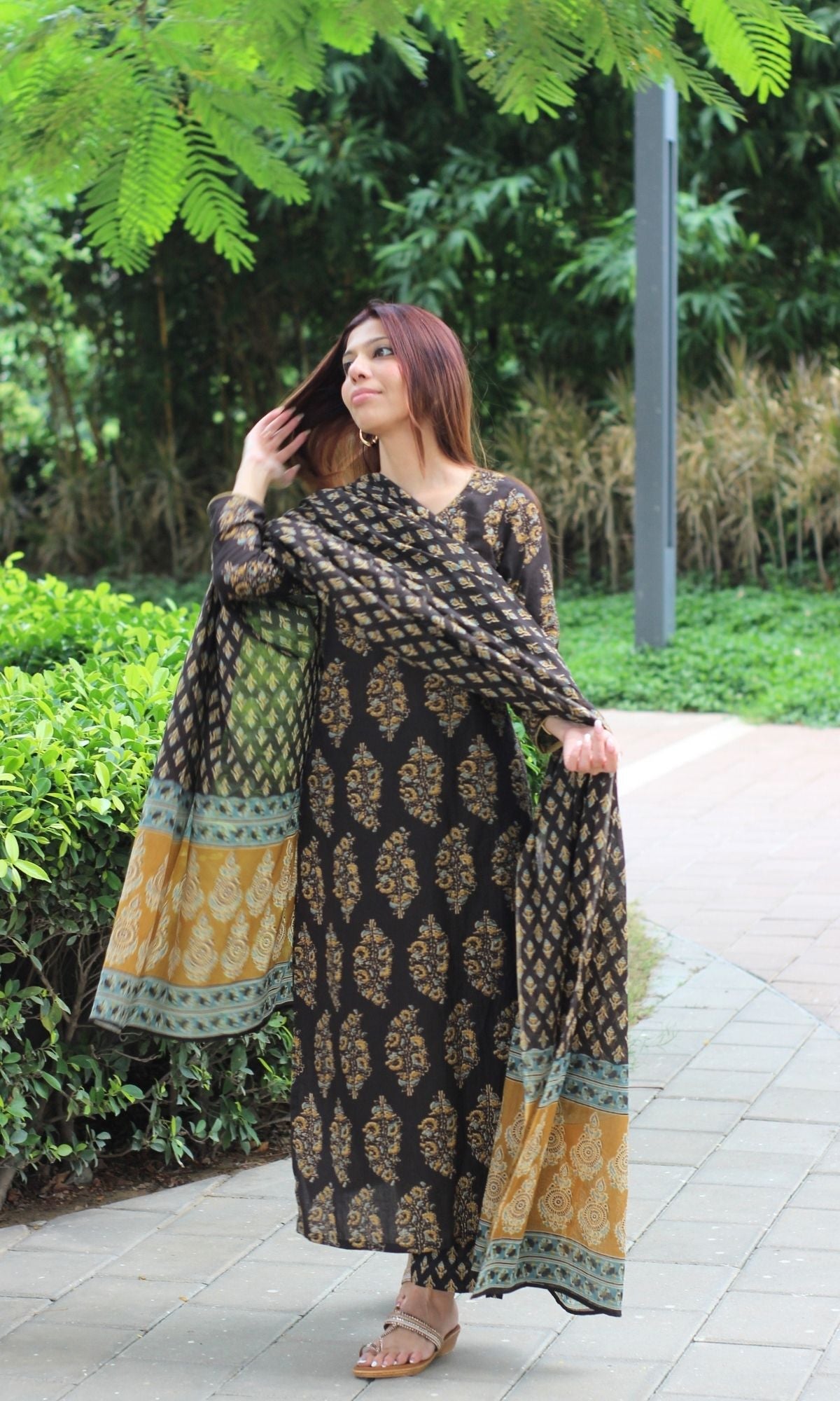Cotton Brown & Mustard Mughal Suit Set and Printed Dupatta – Baareeki
