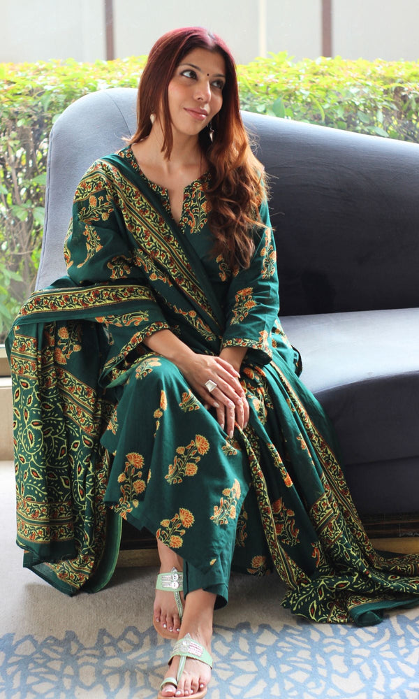 Cotton Forest Green with Orange Boota Suit Set & Cotton Printed Dupatt ...