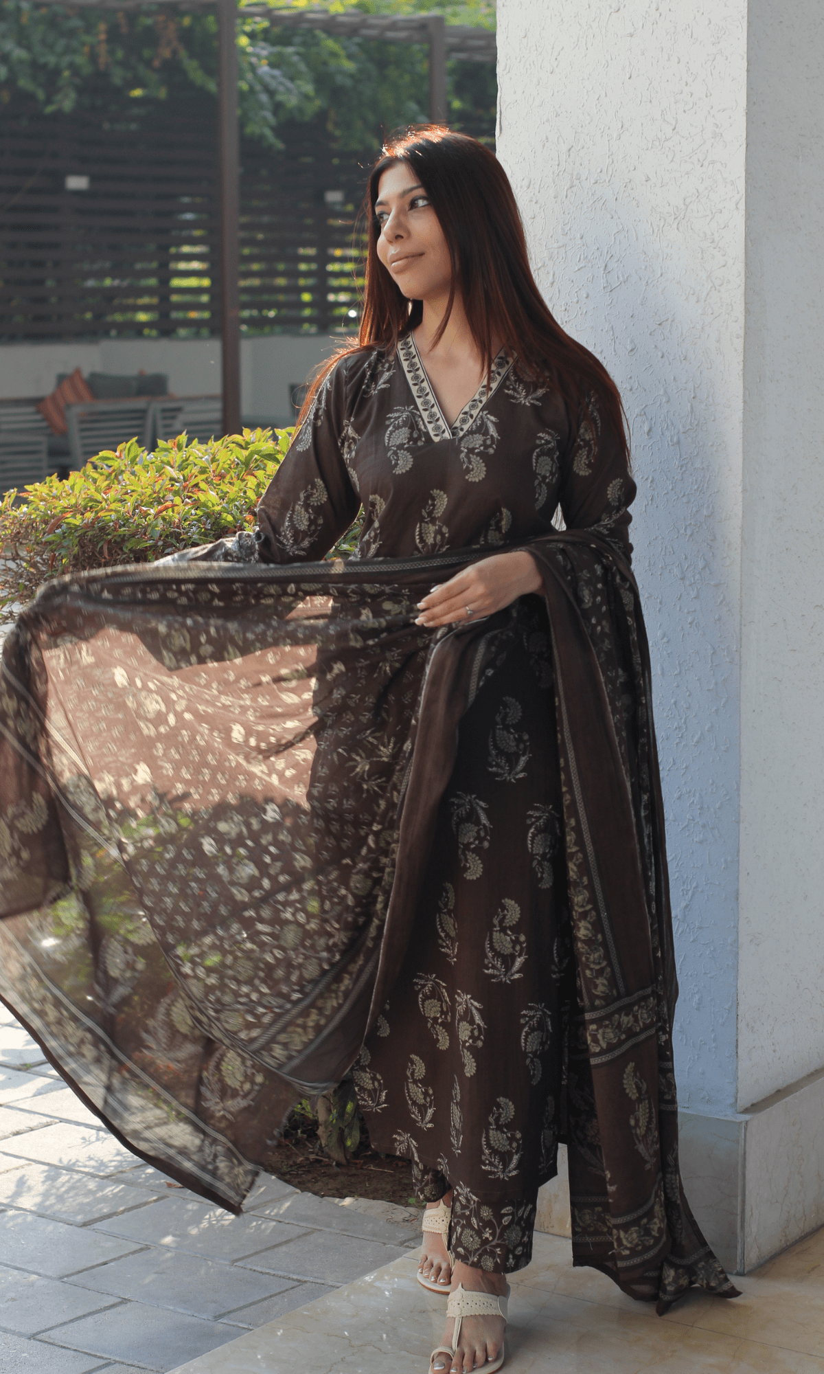 Cotton Pastel Brown Mughal Print Suit with Cotton Printed Dupatta – Baareeki