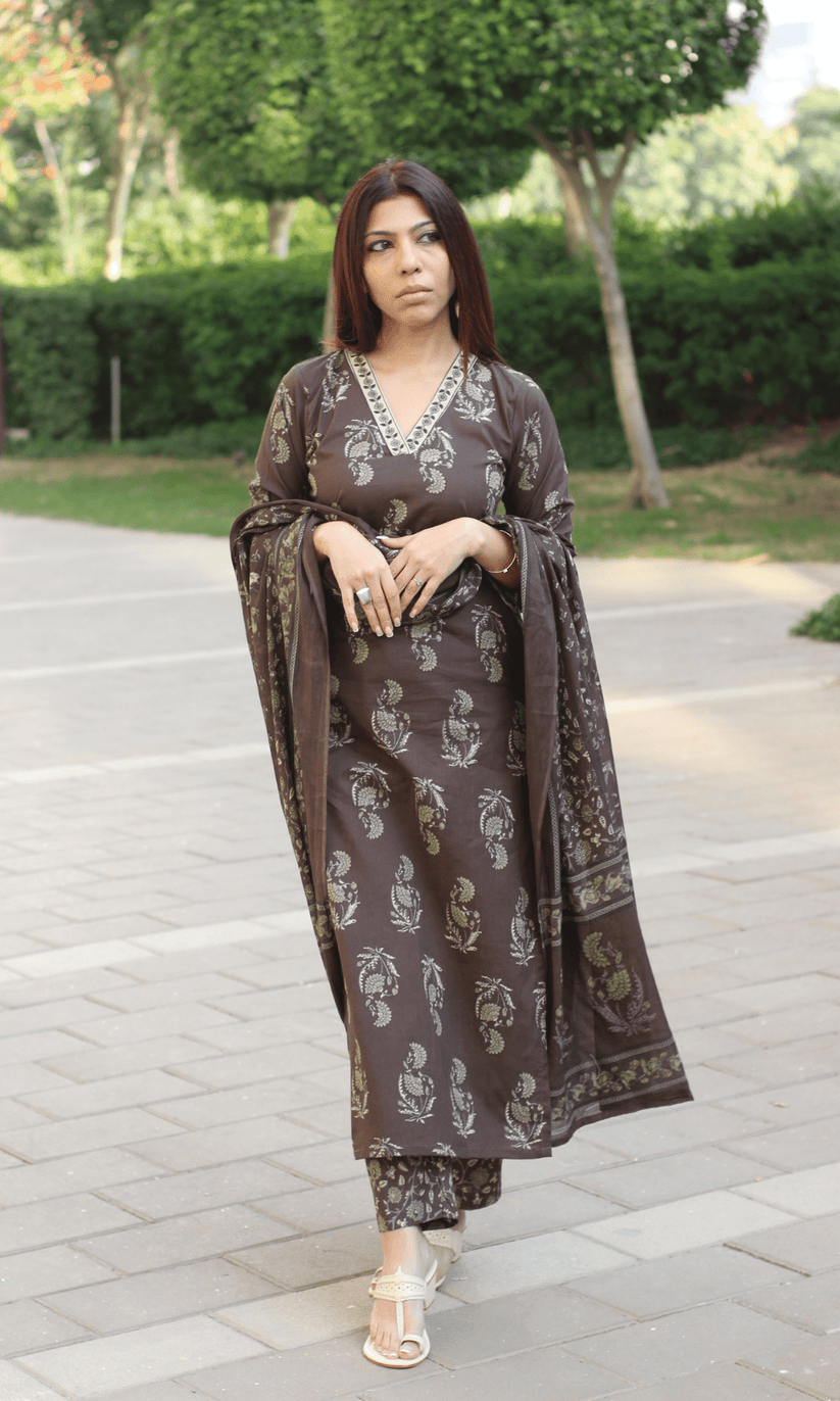 Cotton Pastel Brown Mughal Print Suit with Cotton Printed Dupatta – Baareeki