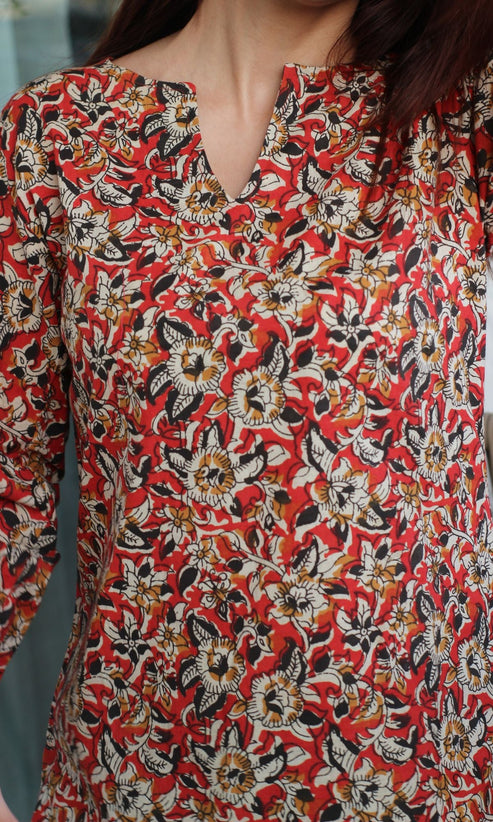 Cotton Red & Black Print Kalamkari Short Kurta – Baareeki