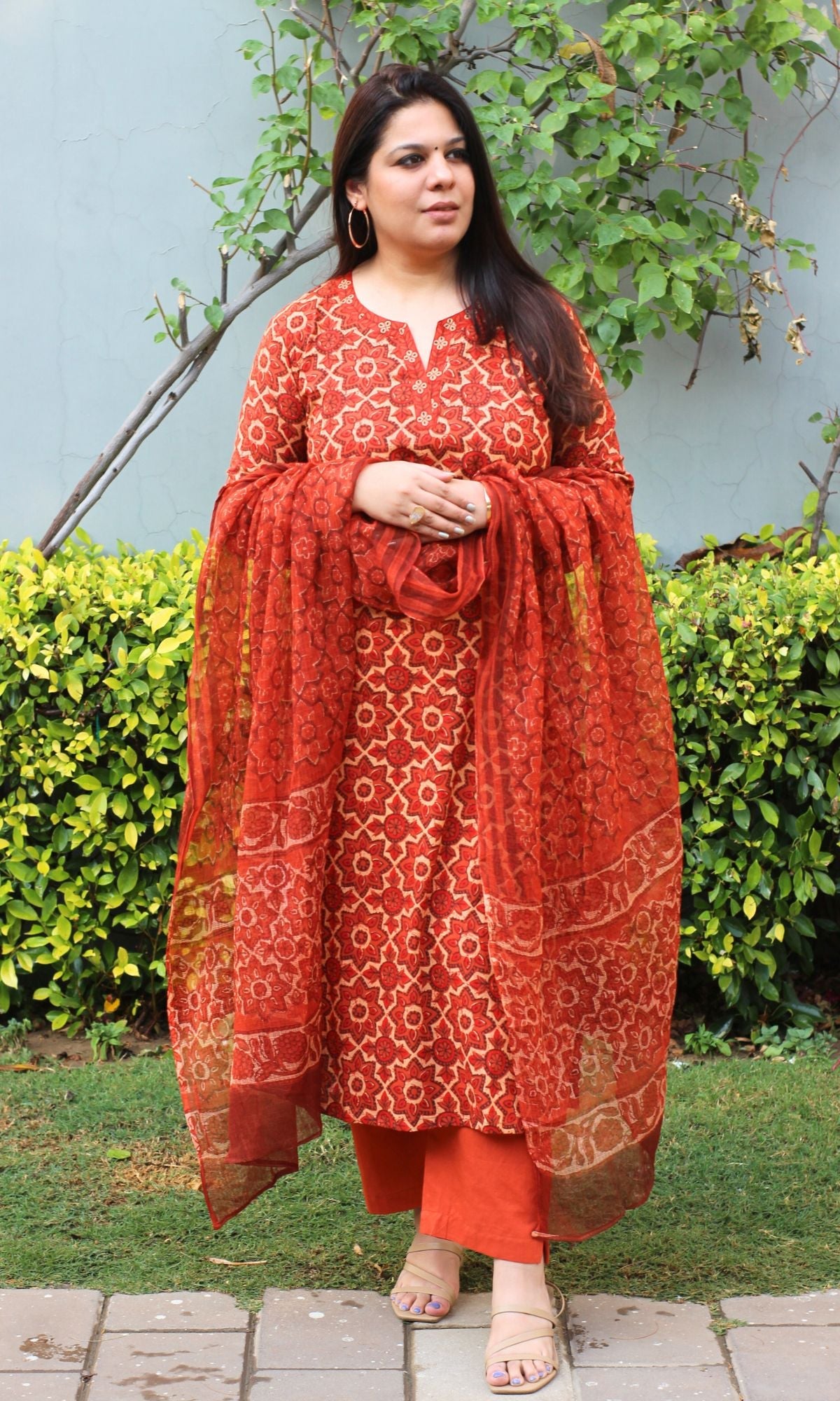 Cotton Rust Ajrakh Vanaspati Print Suit with Kota Doria Printed Dupatt ...