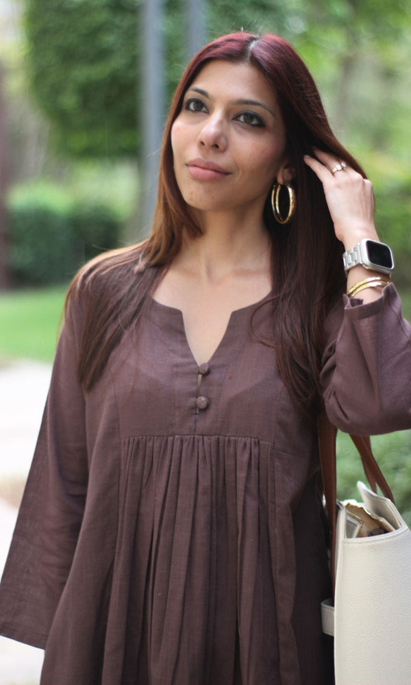 Cotton Slub Pleated Buttoned Mocha Brown Coord Set – Baareeki