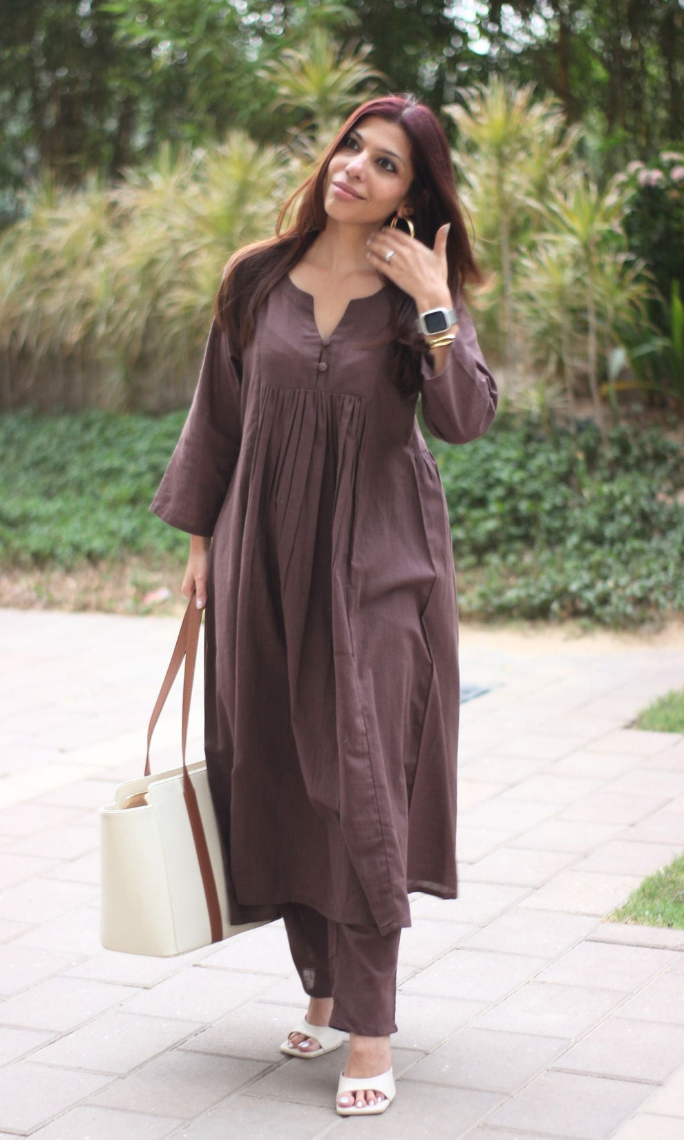 Cotton Slub Pleated Buttoned Mocha Brown Coord Set – Baareeki