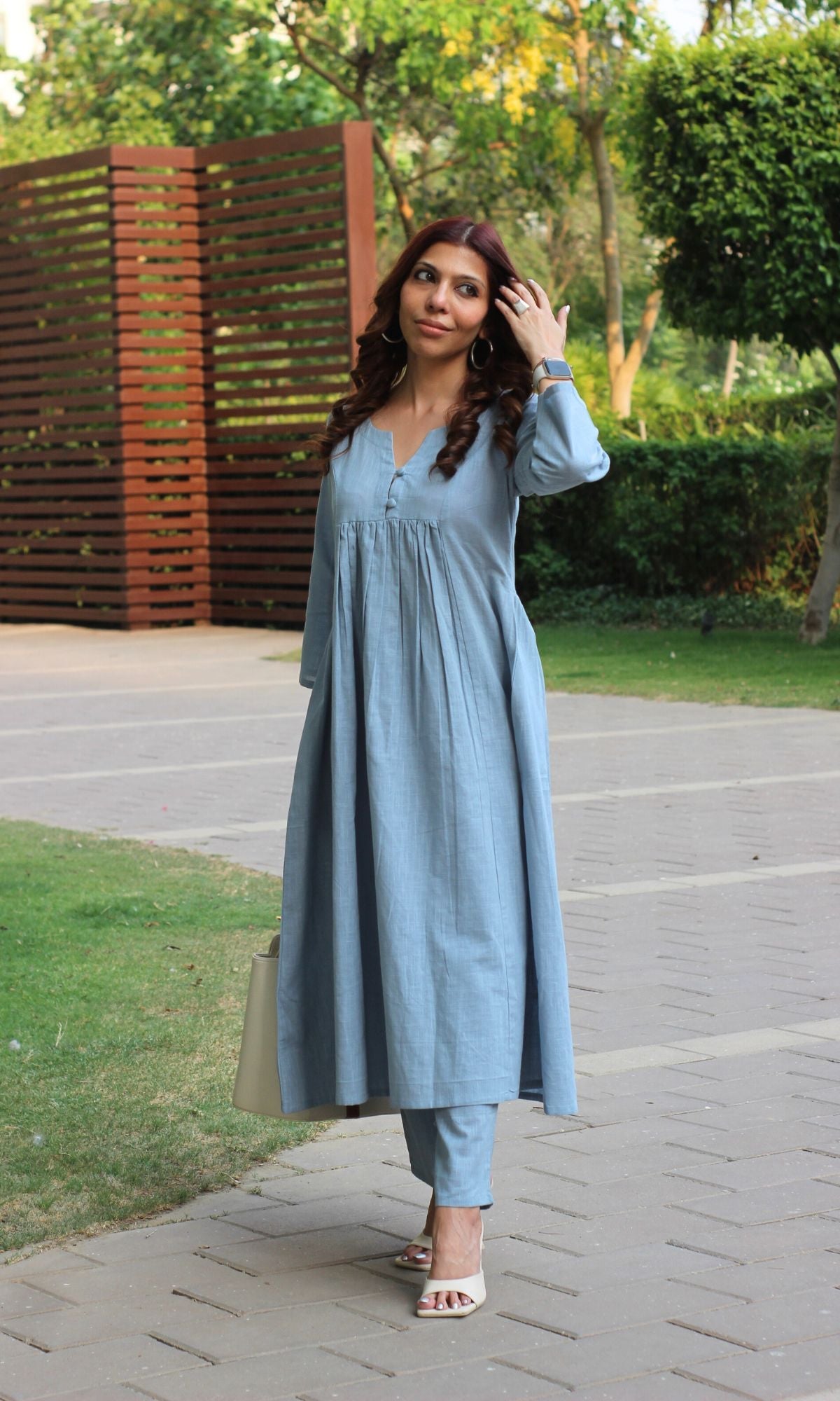 Cotton Slub Pleated Buttoned Steel Blue Coord Set – Baareeki