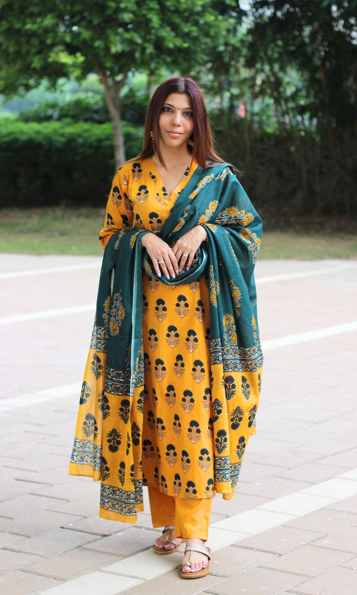 Cotton Yellow & Green Boota Print Suit Set with Printed Dupatta – Baareeki