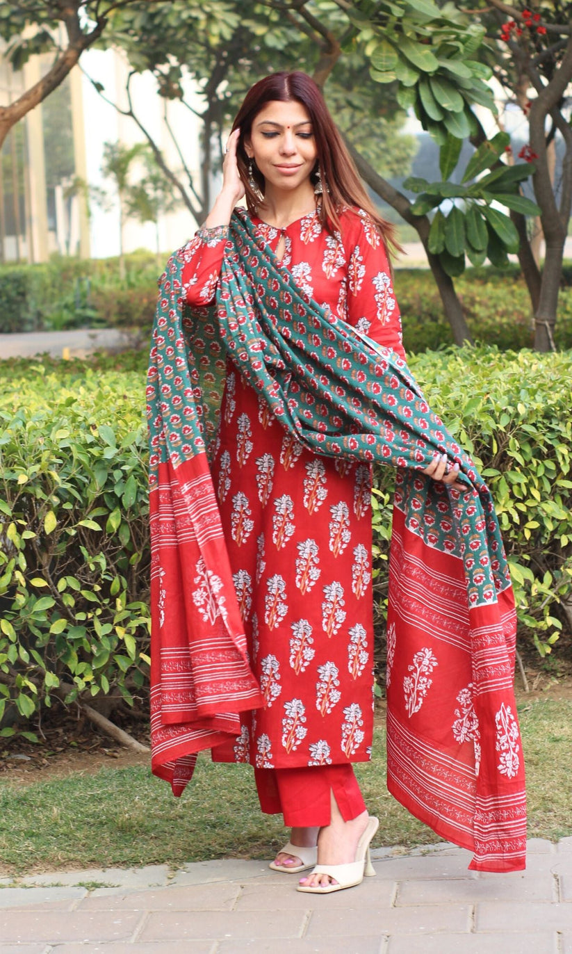 Cotton Sanganeri Print Red Suit Set with Printed Cotton Dupatta – Baareeki